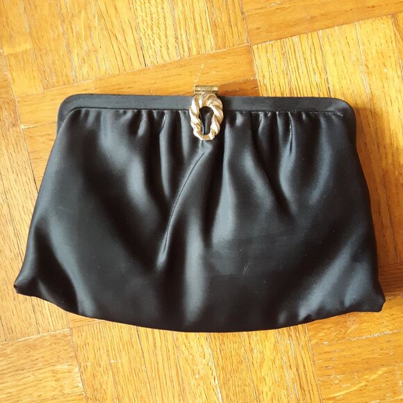 Bags | Vintage Black Clutch With Gold Colored Clamshell Closure | Poshmark